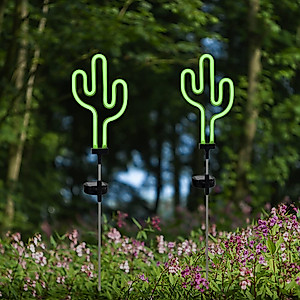 SVEIKS Solar Cactus Garden Stake Lights, Green Cacti Lighting Solar Pathway Lights Outdoor Waterproof LED Neon Strip for Courtyard Patio Lawn Flowerbed Landscape, 30" Tall (2 Pack)