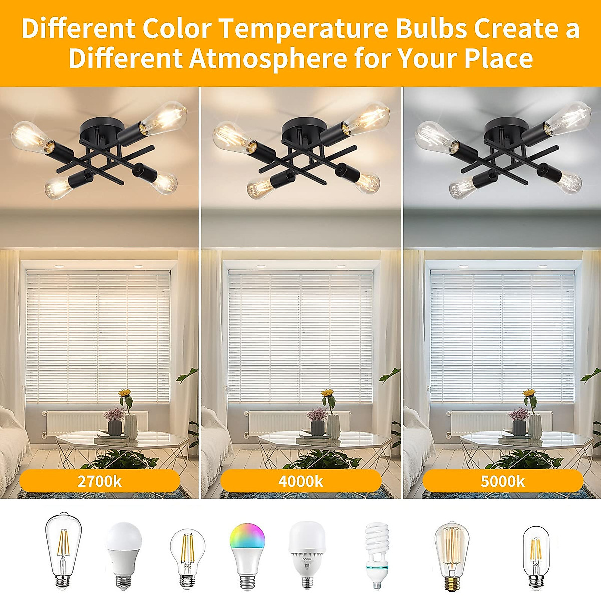 Semi Flush Mount Ceiling Light Fixture 4-Light, Modern Farmhouse Close to Ceiling Light Black, E26 Socket Chandelier Light Fixture Ceiling for Bedroom Kitchen hallway bathroom Living Room Dining Room