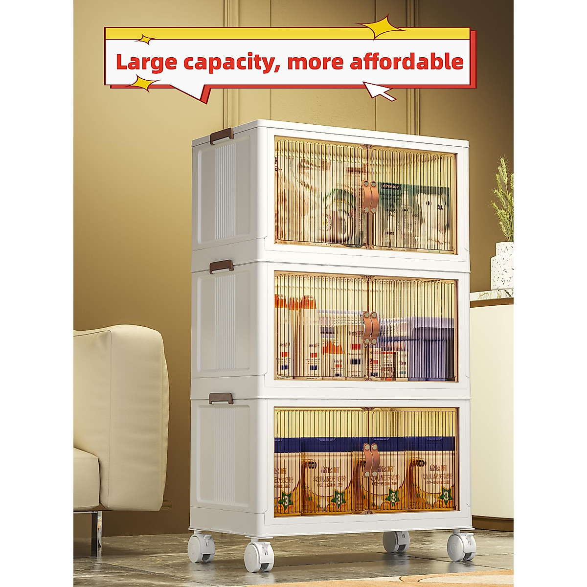 YENFZIX 32Gal Lidded Home Storage Bins - Collapsible, 32Gal Clear Cream Wardrobe Closet Organizer, Stackable Toy Storage, Foldable Plastic Storage Container with Door. - 32 Gallon (5Pack 32Gal)