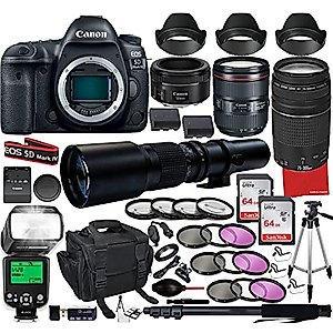 Canon EOS 5D Mark IV DSLR Camera with EF 24-105mm f/4L is II USM Lens Bundle +EF 50mm f1.8 STM & EF 75-300mm Lenses + 500mm Preset Lens + 128GB Memory and Accessory Bundle (50 Pieces)