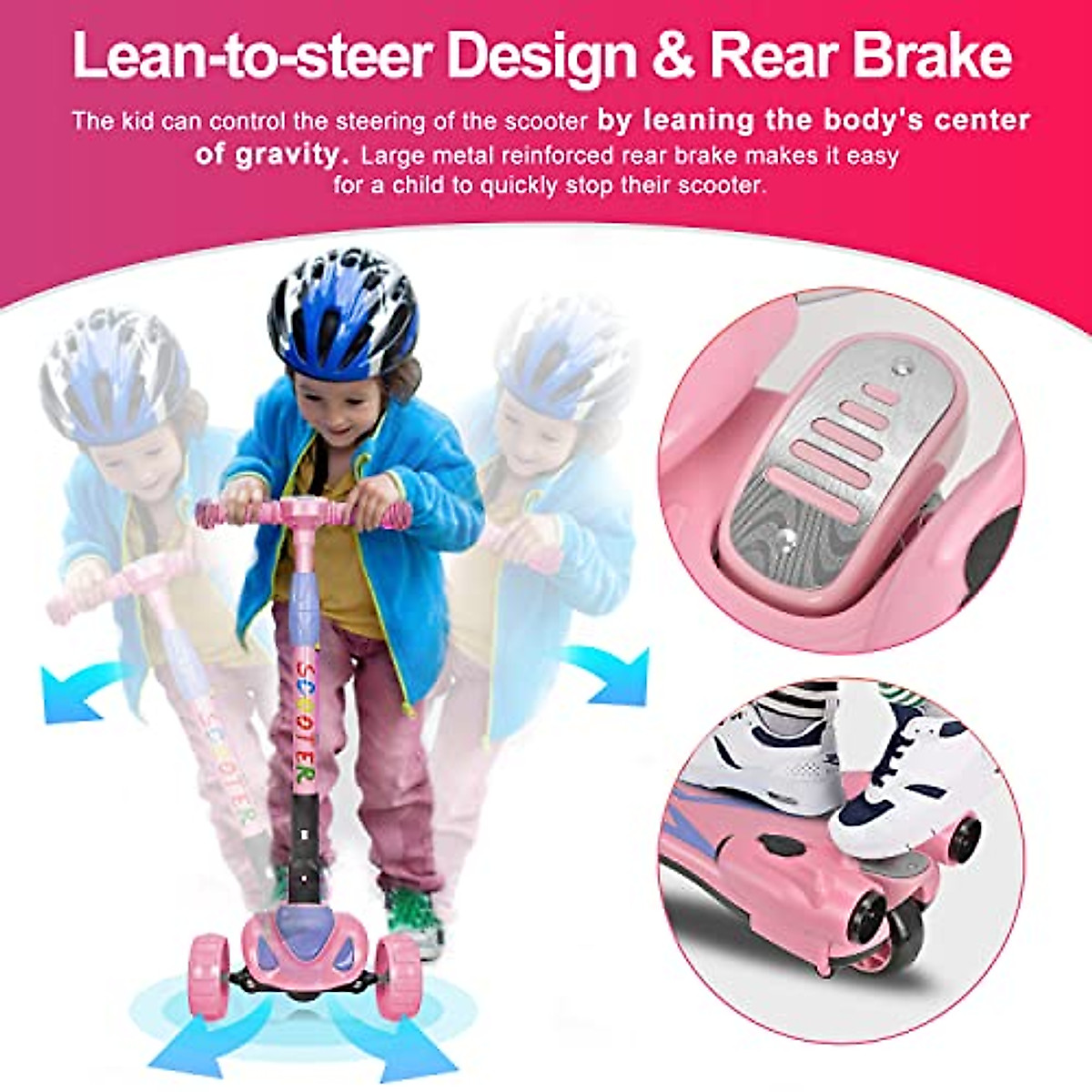 3 Wheel Scooter for Kids, Toddler Scooter with Bluetooth Music Speaker Steam Sprayer LED Lights Aluminum Alloy T-Bar, Folding 3 Wheel Scooter for Boys Girls Ages 3-10 (Pink)