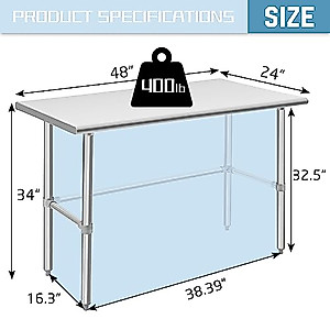 Hally Open Base Stainless Steel Table 24 x 48 Inches, NSF Commercial Heavy Duty Prep & Work Table with Galvanized Legs for Restaurant, Home and Hotel