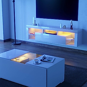 Gitua Floating TV Stand Wall Mounted, High Gloss LED Floating Entertainment Center with Storage&Adjustable Glass Shelf, TV Stand for 65 Inch TV, Gaming Media Center Console Table with Lights, White
