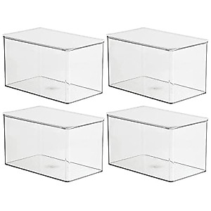 mDesign Plastic Stackable Kitchen Pantry Cabinet or Refrigerator Food Storage Container Box, Attached Hinged Lid - Organizer for Snacks, Produce, Pasta, Lumiere Collection - 4 Pack - Clear/White