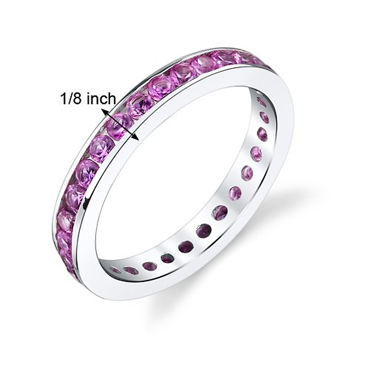 PEORA Created Pink Sapphire Eternity Ring Band for Women 925 Sterling Silver, 1.50 Carats total Round Shape, 3mm width, Size 8