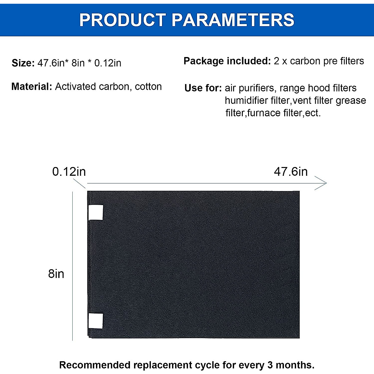 JASENG 2 Pack Carbon Pre Filter 48"x8" Cut to Fit Compatible with Honeywell Air Purifiers Universal Replacement Activated Charcoal Pad Air Filter fits Furnace Filters Trash Cans and Air Conditioner