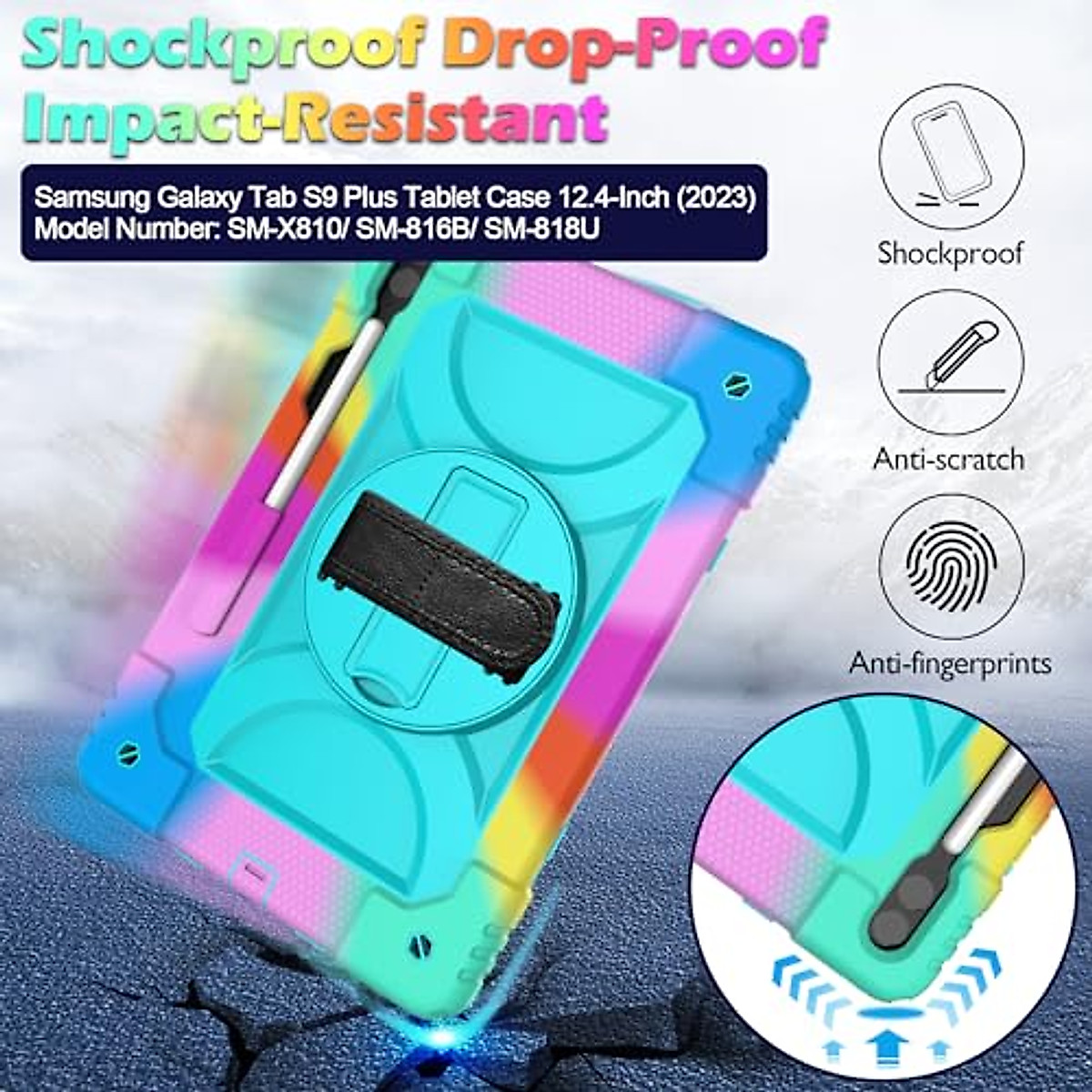 LTROP Protective Case for Samsung Galaxy Tab S9 Plus Case 2023 (SM-X810/ SM-X816B/ SM-X818U) 12.4 Inch, 9H Tempered Glass Screen Protector, S Pen Holder, Hand/Shoulder Strap & Kickstand, Aqua Teal