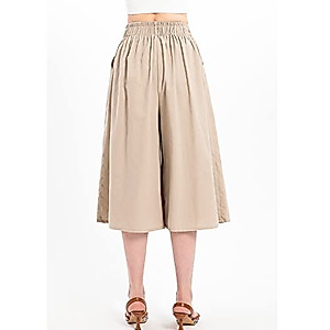 Lisskolo Linen Pants for Women Cropped Wide Leg Elastic Waist Casual Culottes Pants with Pockets Khaki XL