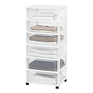 IRIS USA Plastic 6 Drawer Wide Storage Drawer Cart with 4 Caster Wheels for Home, Closet, Bedroom, Bathroom, Office, Laundry, Kitchen, Craft Room, Nursery and School Dorm, White/Clear, Set of 1
