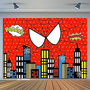 Vinyl 7x5ft Red Spider Web Photography Backdrop for Children Boys 1st Birthday Party Banner Decorations Superhero Theme Cityscape Photo Background Baby Shower Photo Booth Supplies