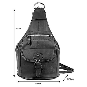 Roma Leathers Fashion Leather Backpack - Premium Black Cowhide Leather - Buckle Front Closure - Metal Zipper Hardware - Convertible Shoulder Straps - Multi Pocket Shoulder Bag - Designed in U.S.A.