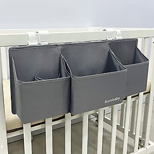 surebaby Hanging Baby Diaper Caddy, 3-in-1 Diaper Caddy Organizer Holder For Baby Crib, Nursery Organization Diaper Stacker Storage For Crib, Changing Table, Car, Wall-Grey