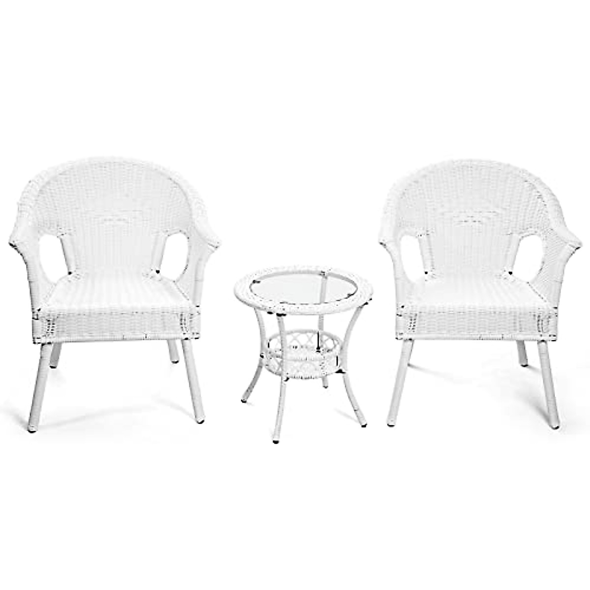 MeetLeisure Bistro Set 3 Pieces Outdoor Patio Furniture Set, Wicker Chairs Set of 2 with Outdoor Side Table, Outdoor Chairs for Patio Lawn Porch, White