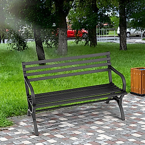 Magshion Metal Garden Bench for Outdoors, 2-Person Slatted Garden Bench with Armrest and Backrest, 485 lbs Capacity, Black
