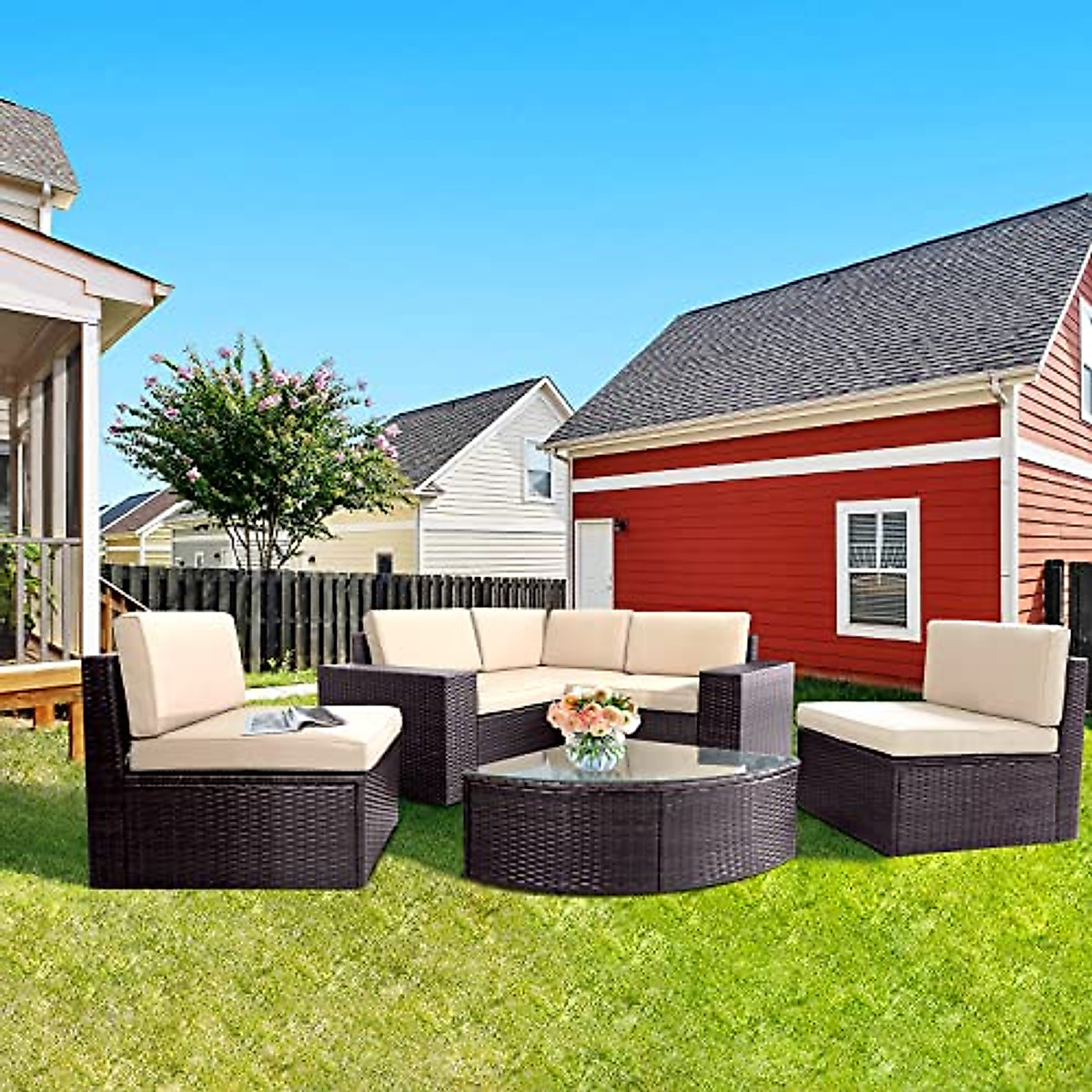 SOLAURA 6 Pieces Patio Furniture, Patio Sectional Sofa All-Weather PE Wicker Modular Outdoor Furniture Patio Conversation Set with Glass Coffee Table (Brown)