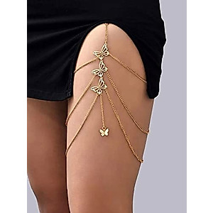 Body Chain Jewelry for Women Boho Butterfly Thigh Chain Leg Chain Jewelry Rhinestone Thigh Harness Stretch Body Jewelry for Nightclub Beach Outfits Accessories(Gold Butterfly)