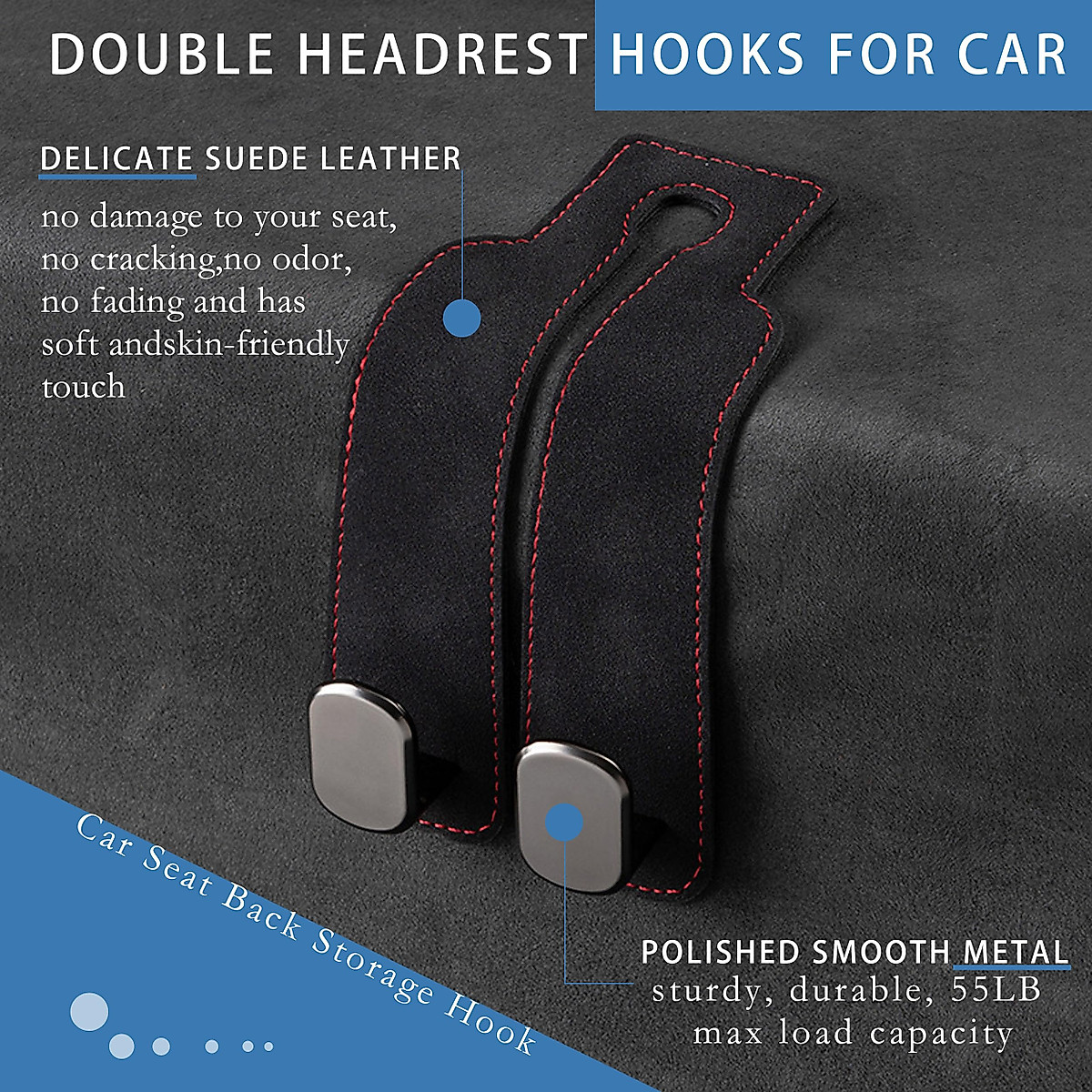 Car Seat Back Storage Hook,2 Pcs Headrest Hooks For Car,Leather Car Seat Hanger Double Hook Holder For Bags,Hat,Purses and Handbag,Car Hidden hanging Organization Accessories For Women Man(Black)