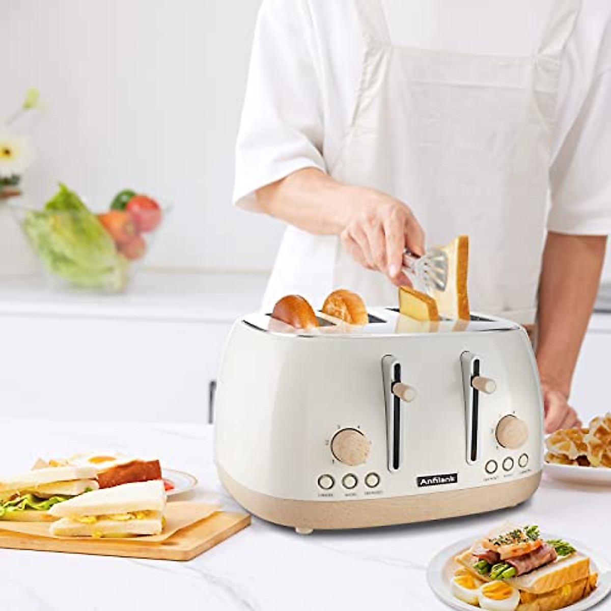 Anfilank Toaster 4 Slice,Retro Stainless Steel Toaster with Extra Wide Slots Cancel, Bagel, Defrost Function, Dual Independent Control Panel, Removable Crumb Tray, 6 Shade Settings and High Lift Lever, Cream, Large Size