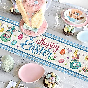 Easter Table Runner, Happy Easter Runner, Easter Bunny Eggs and Gnomes Blue Truck with Tulip Flowers Table Runners 72 Inches Long, Blue Buffalo Plaid Small Coffee Table Cloth for Home Dining Room