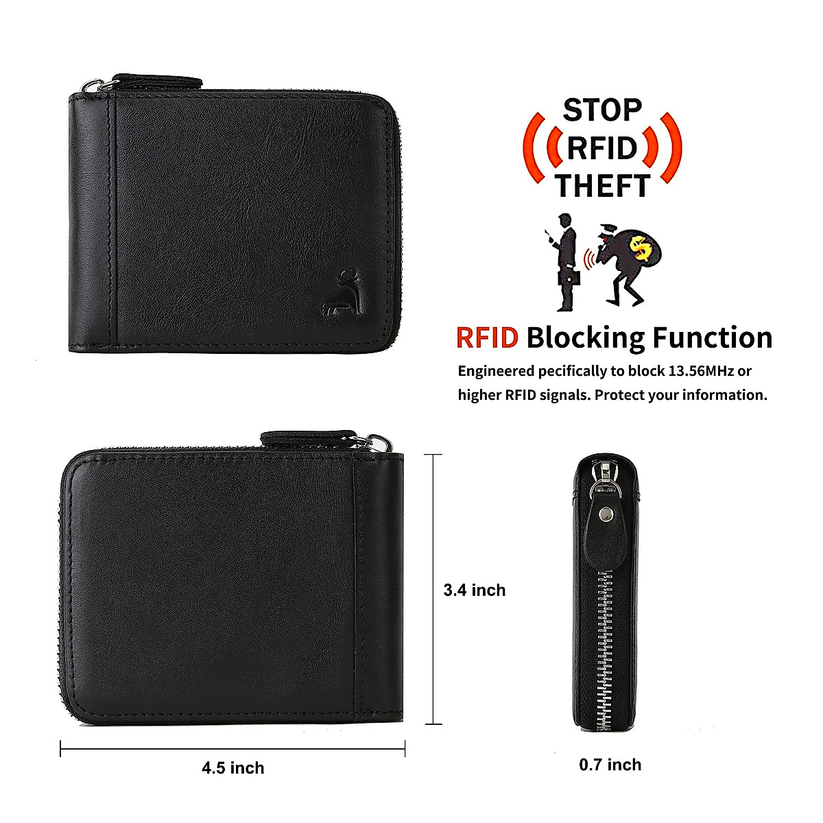 Slim Zipper Wallets For Men RFID Leather Mens Bifold Creidt Card Holder Zip Around Wallet With Coin Pocket