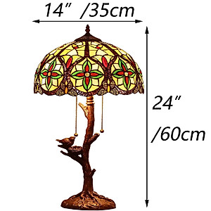 Bieye L10717 Cruciate Flower Butterfly Tiffany Style Stained Glass Table Lamp with 14 inches Wide Lampshade and Bird Nest Tree Trunk Base