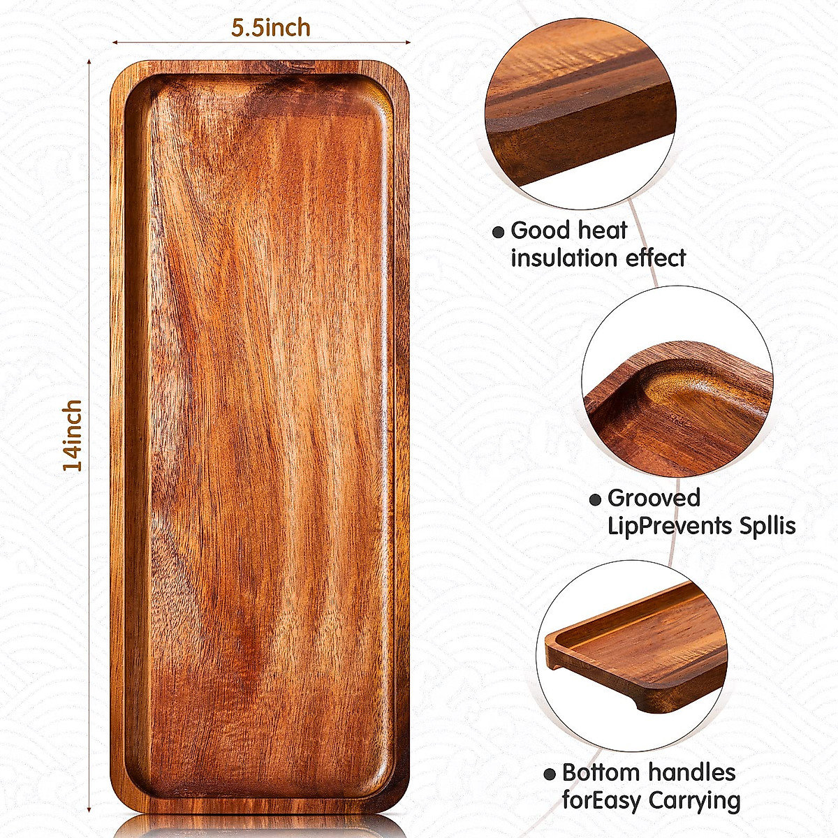 Roowest 8 Pcs Solid Acacia Wood Serving Tray 14 x 5.5'' Rectangular Wooden Serving Platter Long Cheese Charcuterie Boards with Edges Serving Board Wood Boards for Food Vegetable Appetizer Party Decor