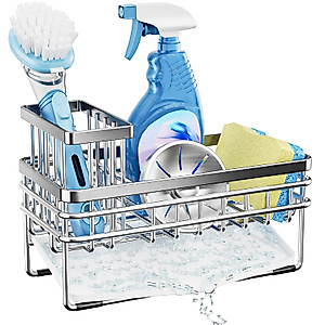 HapiRm Multifunctional Sink Caddy with Self-draining Tray, Sponge Holder with Detachable Brush Holder, Rustproof Stainless Steel Kitchen Sink Organizer-Silver