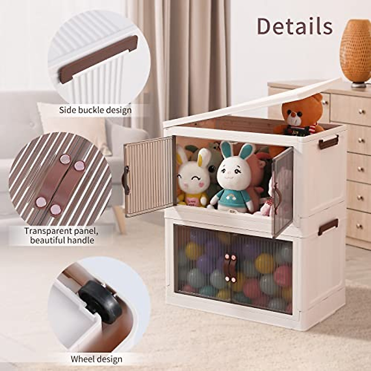 Collapsible Storage Bins with Lids Magnetic Door 55 Qt Clear Stackable Storage Bins with Wheels Plastic Storage Bins with Front Opening Folding Storage Bins for Bedroom Living Room Office(1 Pack)