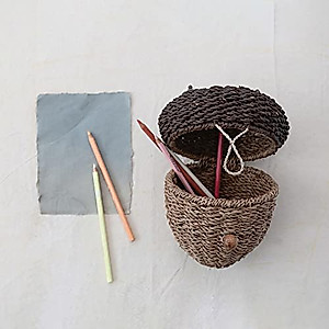 Creative Co-Op Handwoven Bankuan Acorn Shaped Basket with Lid and Wood Handle, Brown and Natural Decorative Storage, 7" L x 7" W x 8" H, Brown & Natural