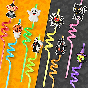 AFZMON 24 PCS Halloween Drinking Straws Reusable Pumpkin Skull Ghost Vampire Witch Plastic Beverages Cocktail Straw with Cartoon Decoration for Kids Halloween Party Supplies for Birthday Party Favors