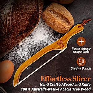US Designed - Hand Crafted Wooden Bread Bow Knife - Acacia Wood Cutting Board - Bread Saw - Sourdough Bread Knife for Homemade Bread with Linen Storage Bag- Bread Knife Wooden Bread Cutting Board
