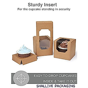 Shallive Kraft Cupcake Boxes Individual 60 Pcs with Inserts, Cocoa Bomb Packaing Single Brown Cupcake Containers Paper 3.5" Holders for Cookies, Pastries,Wedding Baby Shower Birthday Graduation
