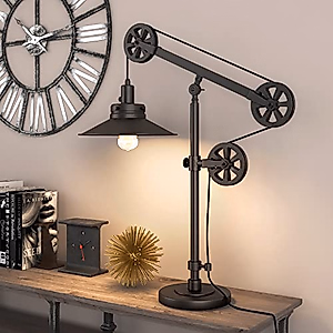 Henn&Hart 29" Tall Wide Brim/Pulley System Table Lamp with Metal Shade in Blackened Bronze/Blackened Bronze, Laptop Desk, Computer Desk, Home Office