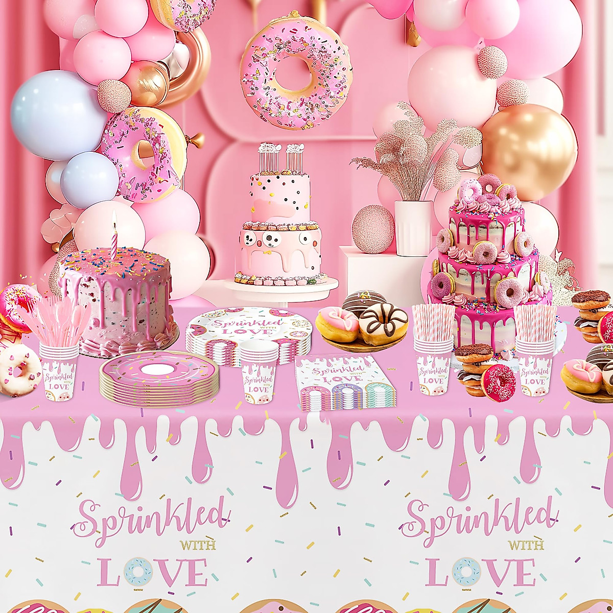 Suhelkit Donut Baby Sprinkle Decorations Tableware Girl - Sprinkled with Love Baby Shower Party Supplies, Paper Plate, Napkin, Cup, Tablecloth, Cutlery, Pink Donut Baby Shower Decorations | 24 Guests