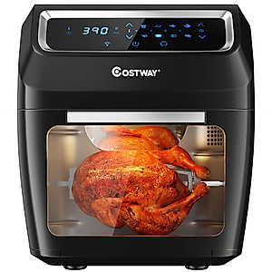 COSTWAY Air Fryer Oven, 8-In-1 Convection Air Dehydrator Oven with 6 Rotisserie Accessories, LED Touch Screen, Countertop Air Broiler Oven for Pizza, Toast, Turkey Roast, Fruit Slice, 1700W