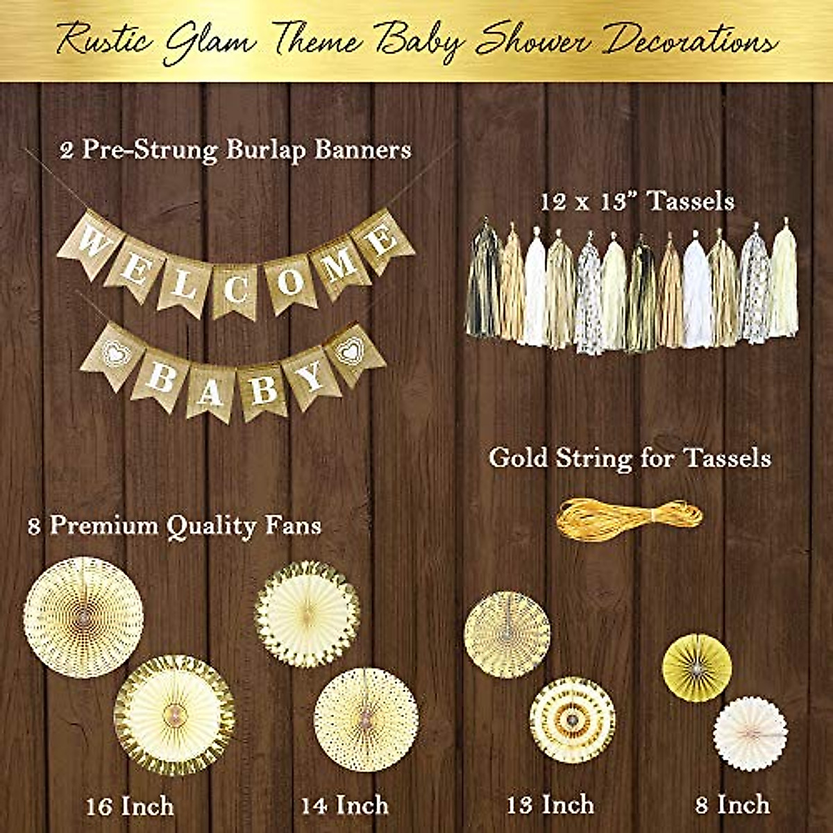YARA Baby Shower Decorations Neutral | Woodland Rustic Boho Theme Oh Baby Decoration for Girl & Boy, Gender Reveal & Birthdays | Burlap Welcome Baby Banner, Gold & Cream Decor Paper Fans & Tassels