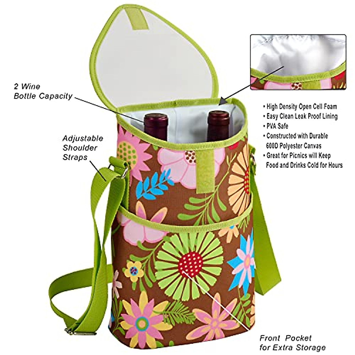 Picnic at Ascot Insulated Wine/Water Bottle Tote with Shoulder Strap - Floral