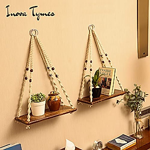 INOVA TYMES Macrame Hanging Shelves - Hanging Plant Shelf - Bohemian Bathroom Decor, Boho Decor for Bedroom & Boho Decor for Living Room - Indoor Herb Garden Hanging Wall Shelf - Set of 2