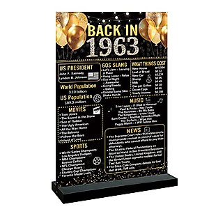 Trgowaul 60th Birthday Decorations Women Men, Black Gold Back in 1963 Birthday Poster Acrylic Table Sign with Stand, 60th Anniversary Decor Gifts for Men,Vintage 1963 Poster 60 birthday decorations