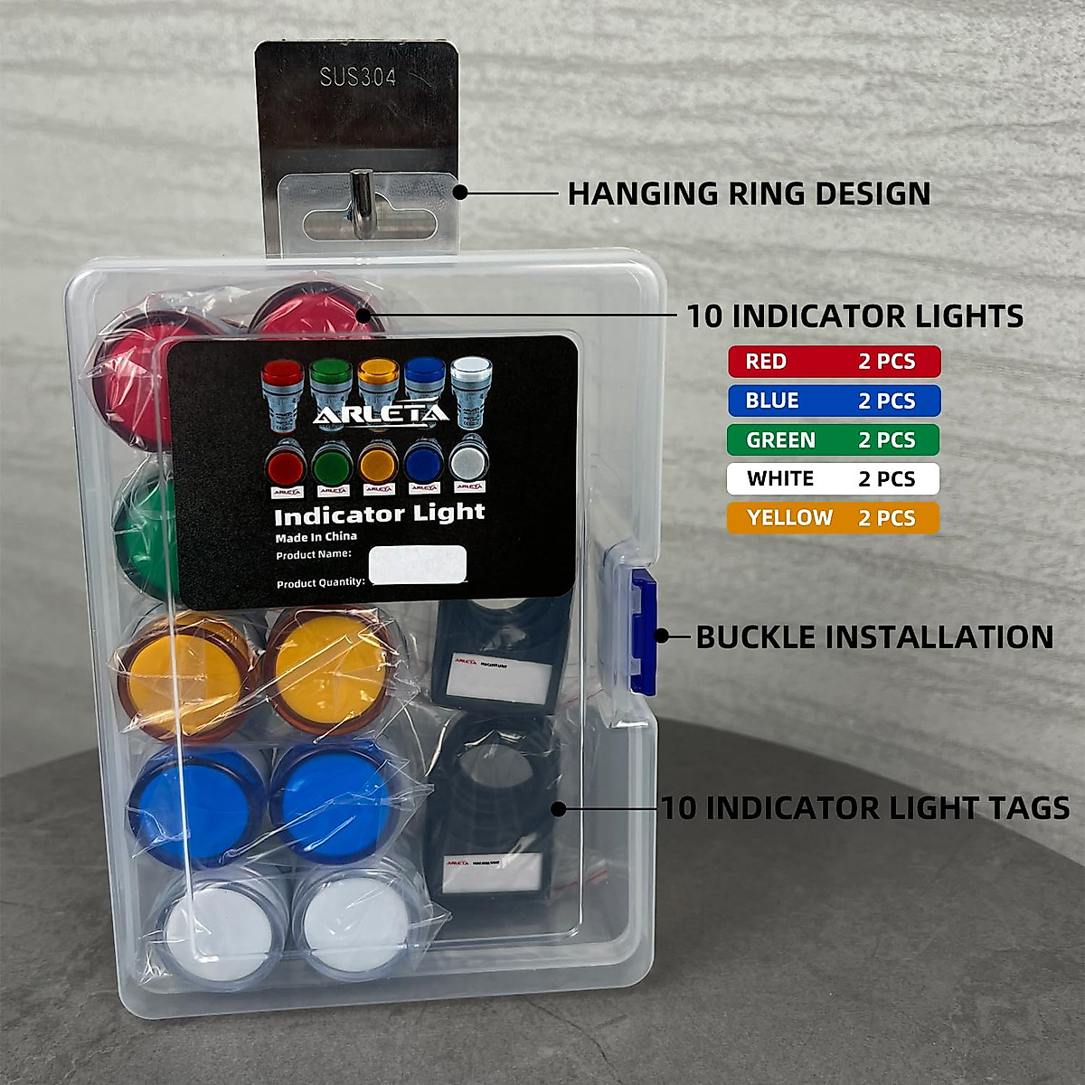 ARLETA 10pcs Energy Saving LED Indicator Light Voltage 12V/24V/110V Current 20mA Mounting Hole Size 22mm(7/8 Inch) Green Yellow Red Blue White (12V)