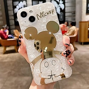 Jerisln Case for iPhone 13 Luxury Glossy Micky with Quicksand Cell Phone Holder Soft TPU Shockproof Protective Case for Girls Women Glitter Pearly-Lustre Shell(iPhone 13 Micky 6.1''),Golden/Micky