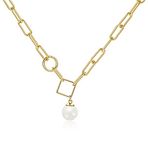 Mesovor Single Pearl Pendant Necklace for Women, 16K Gold Plated Paperclip Chain Necklace (Gold)