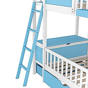 Goohome Twin Over Twin Bunk Beds with Stairs & Trundle,Wood Bunk Bedframe with Storage Cabinet and Drawer, High Length Guardrail, Built-in Slat, No-Noise, for Kids Teens Adults