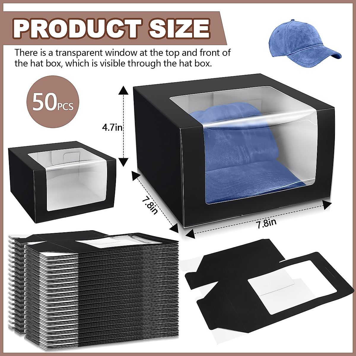 DoubleFill 50 Pcs Display Black Gift Boxes with Window Clear for Baseball Caps 7.6" x 7.6" x 4.7" Paper Hat Organizer Box Packing Fold Hat Storage Hat Display Case Hat Holder