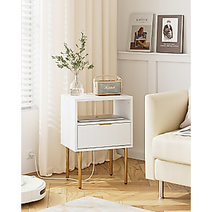 AEPOALUA Nightstand with Charging Station,Small Bedside Table with Gold Frame,White Night Stand,Bedside Furniture,Side Table with Drawer and Shelf for Bedroom,Living Room,Stripe
