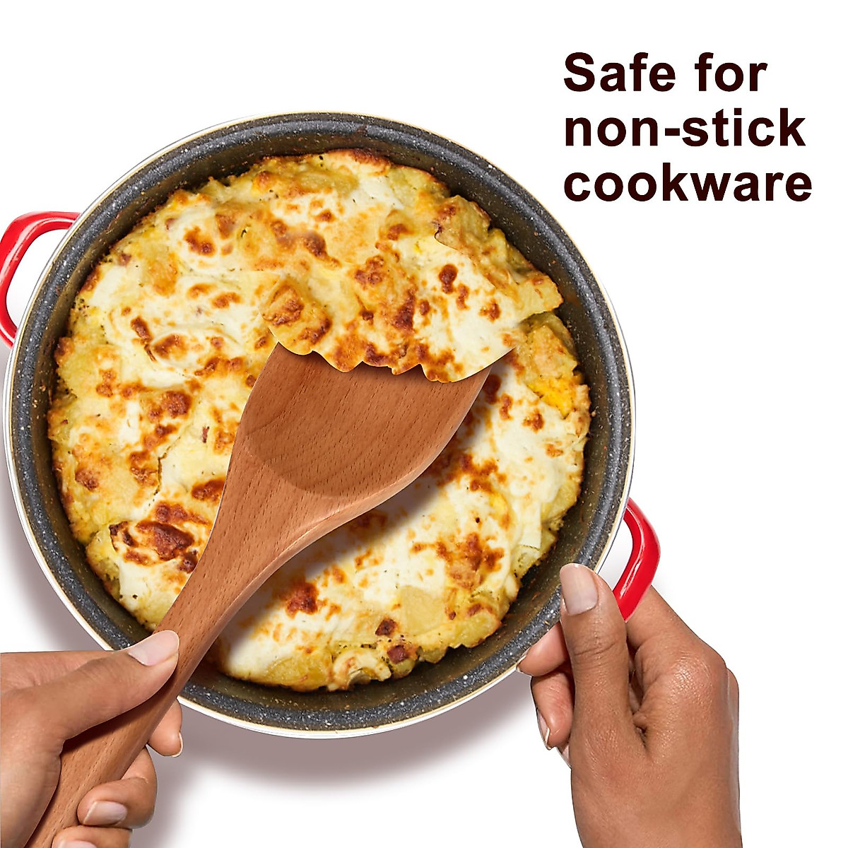 Large Wooden Cooking Spoon Mixing Serving Spoon Best Oak Wood Spoons for Cooking Spatula Non Toxic Kitchen Utensil 12.5 Inch Long Handle Spoon Big Stirring Corner Spoons