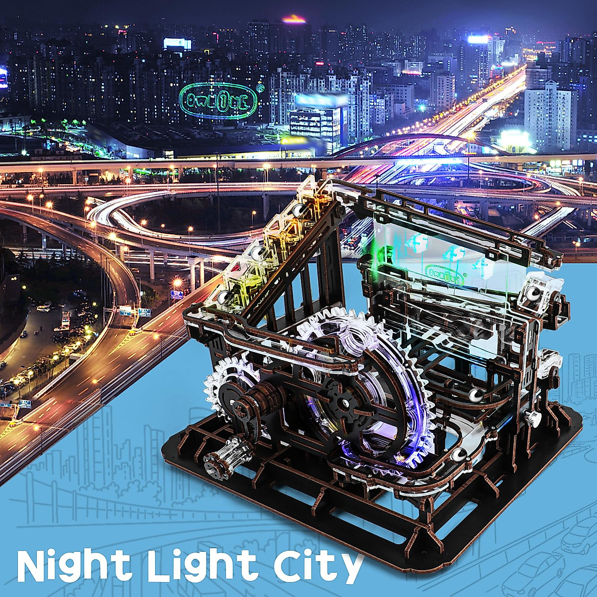 OWNONE 1 3D Wooden Puzzle Marble Run with LED Lights, Wooden Model Building Kits for Adults, Wood Mechanical Puzzle Building Set, Office Desk Decor Gift for Men Adults (312 PCS)