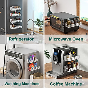 MFTEK Magnetic Spice Rack Organizer, 4 Pack Hanging Spice Rack for Refrigerator and Microwave Oven, Moveable Space Saving Fridge Shelf for Metal Cabinet, Black