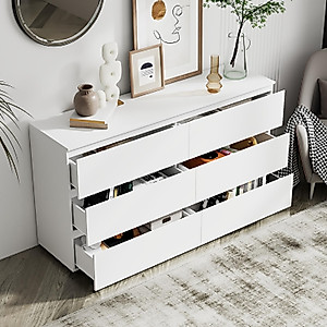 AIEGLE 6 Drawer Dresser for Bedroom, White Handle-Free Dresser Chest with Pop-Out Drawers, Wood Storage Chest of Drawers for Bedroom Organize (59" W x 15.7" D x 32.3" H)