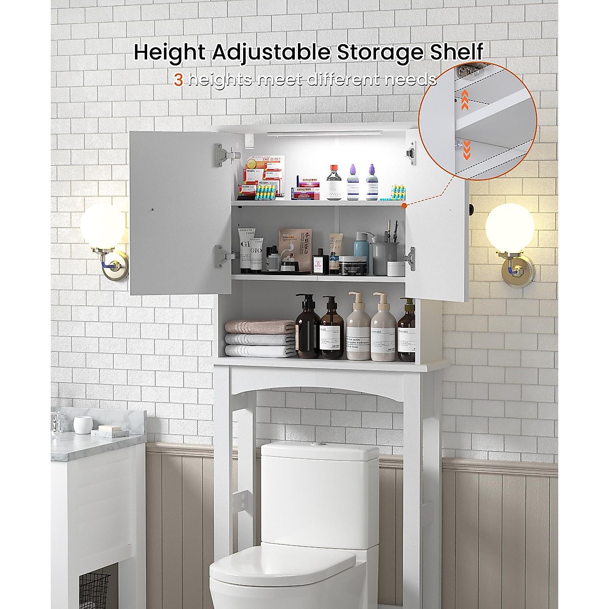 HAIOOU Over The Toilet Storage Cabinet with Motion Sensor LED Light, Double Door Bathroom Essentials Storage Organizer Space-Saving Toilet Rack with Buffering Hinges, Adjustable Shelf - Modern White